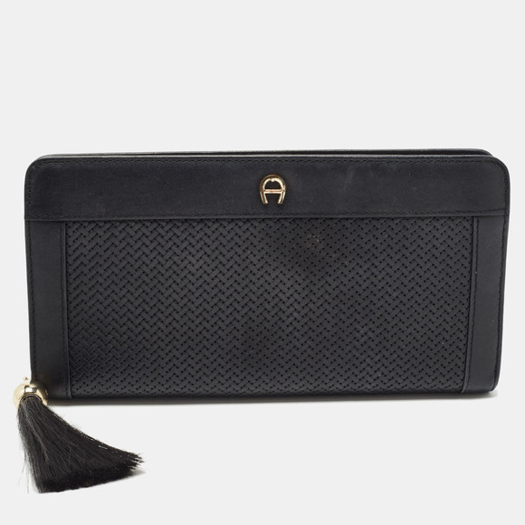 Etienne Aigner | Bags | Aigner Black Woven Leather Cavallina Zip Around ...